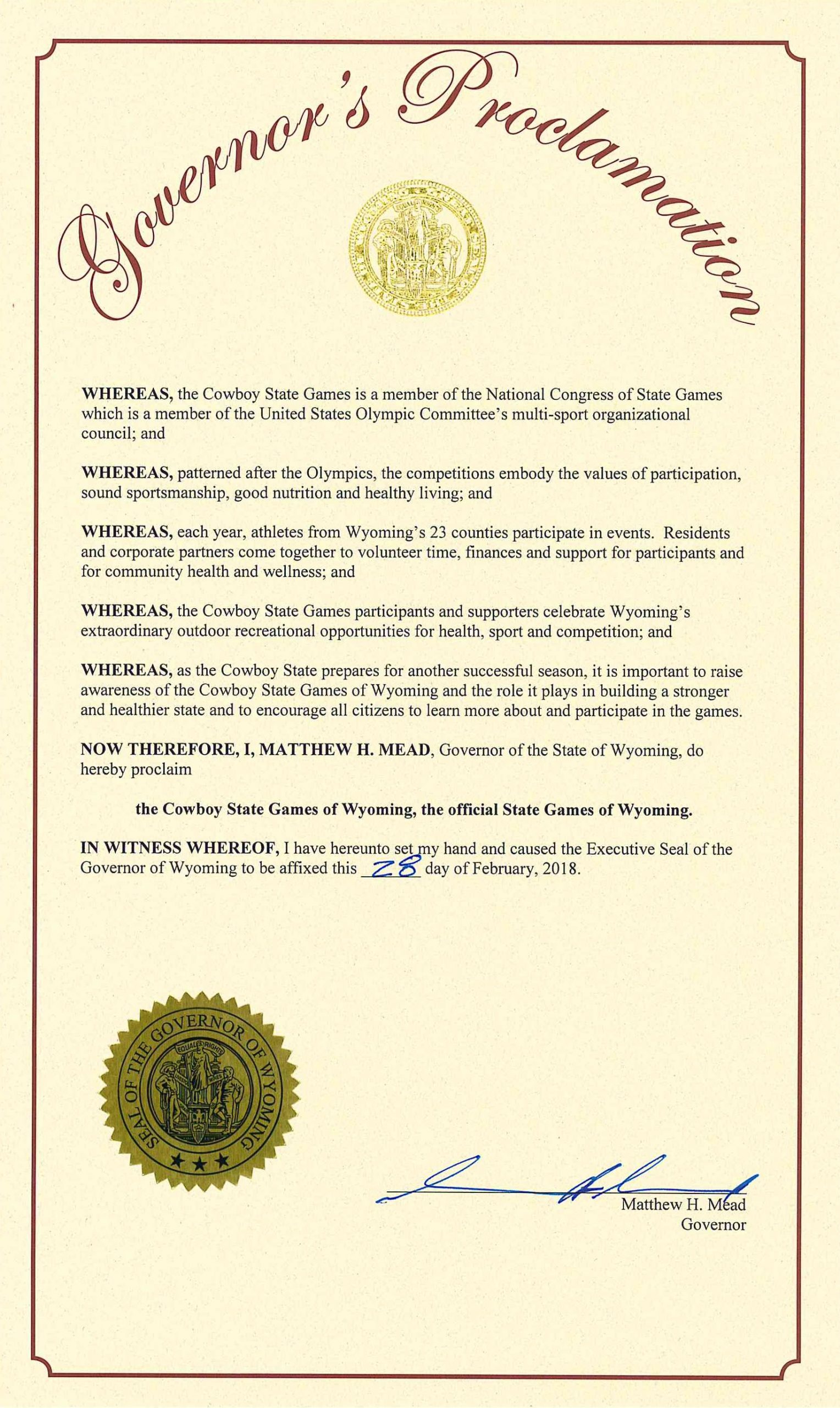 Governor Matt Mead Proclaims Cowboy State Games – Wyoming’s Official ...